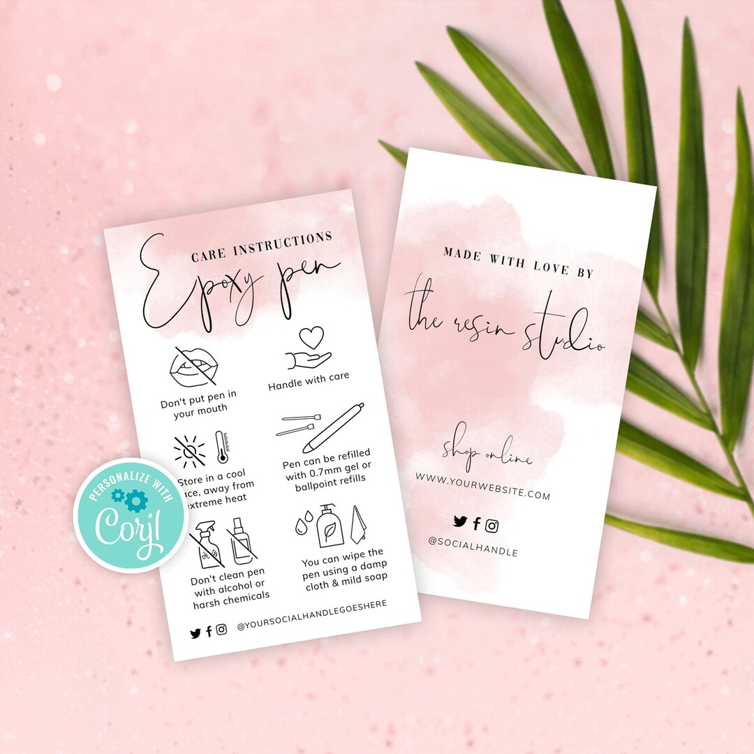 Epoxy Pen Care Instructions Template, Editable Glitter Pen Care Card ...