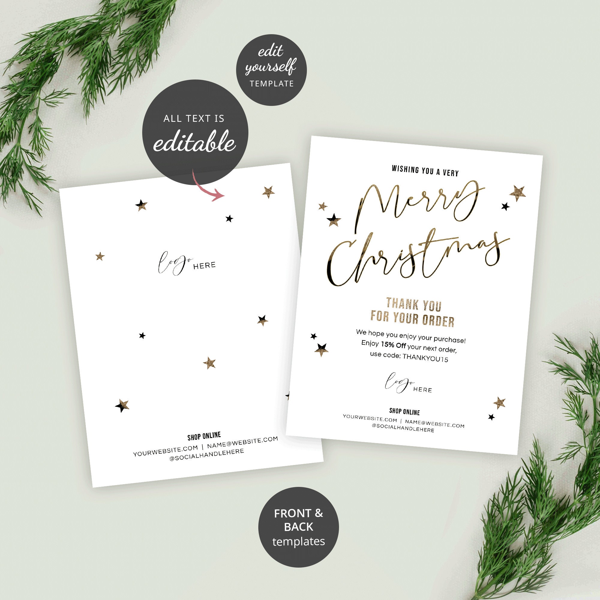 Christmas Thank You Card Template Editable Gold Glitter Xmas - Etsy