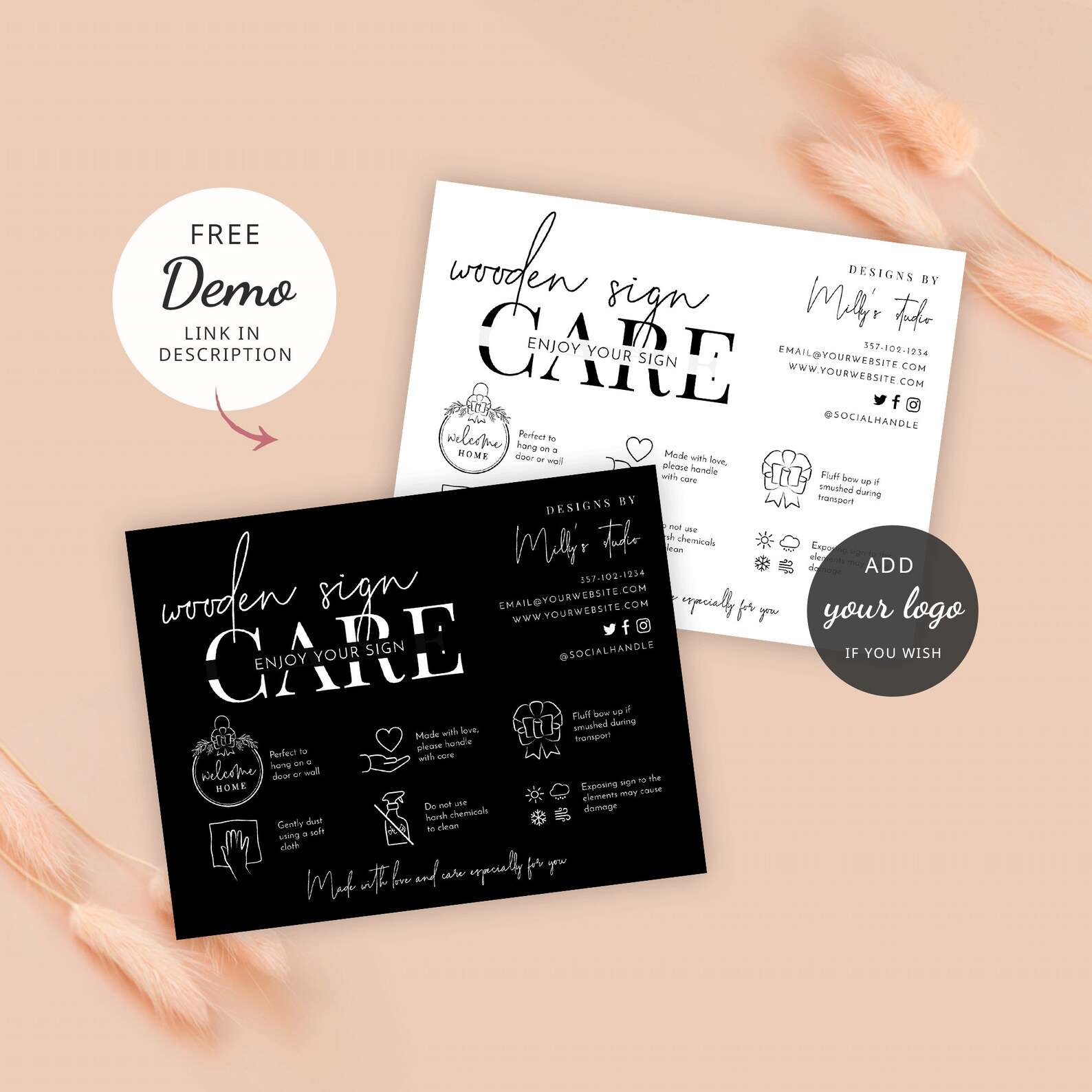 Wooden Sign Care Card Template, Editable Door Hanger Care Guide ...