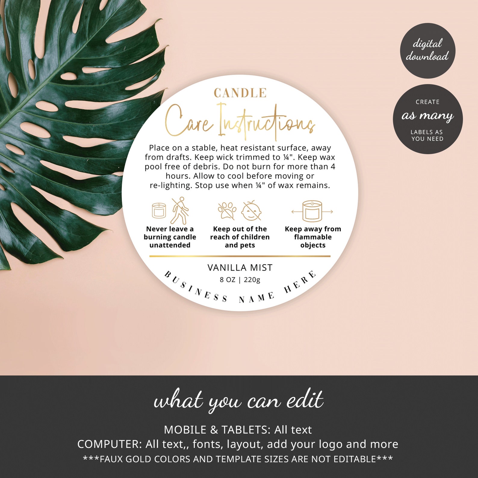 Candle Warning Circle Label Template, Customizable Candle Safety ...