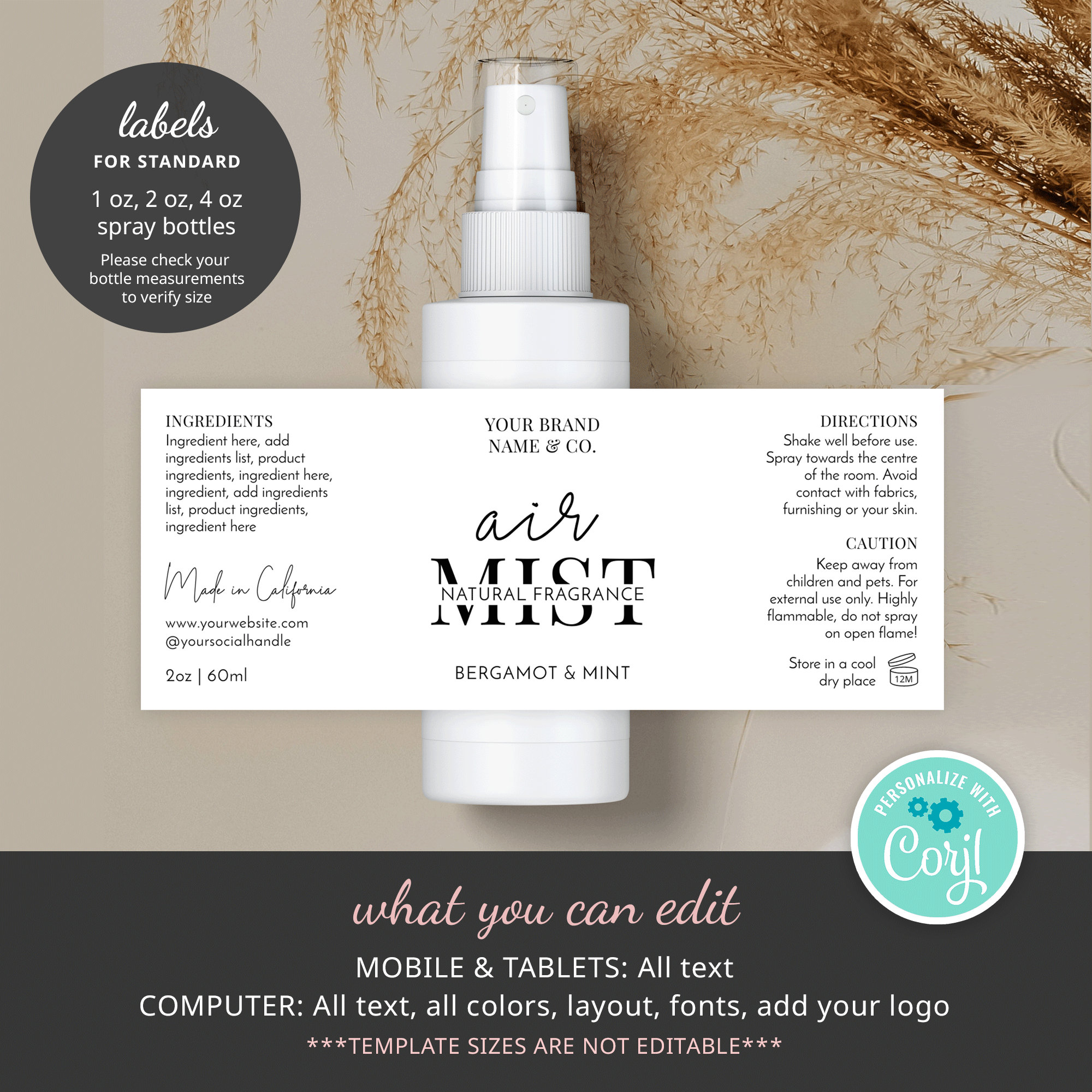 Minimalist Room Spray Label Template, Custom Air Freshener Bottle Wrap ...