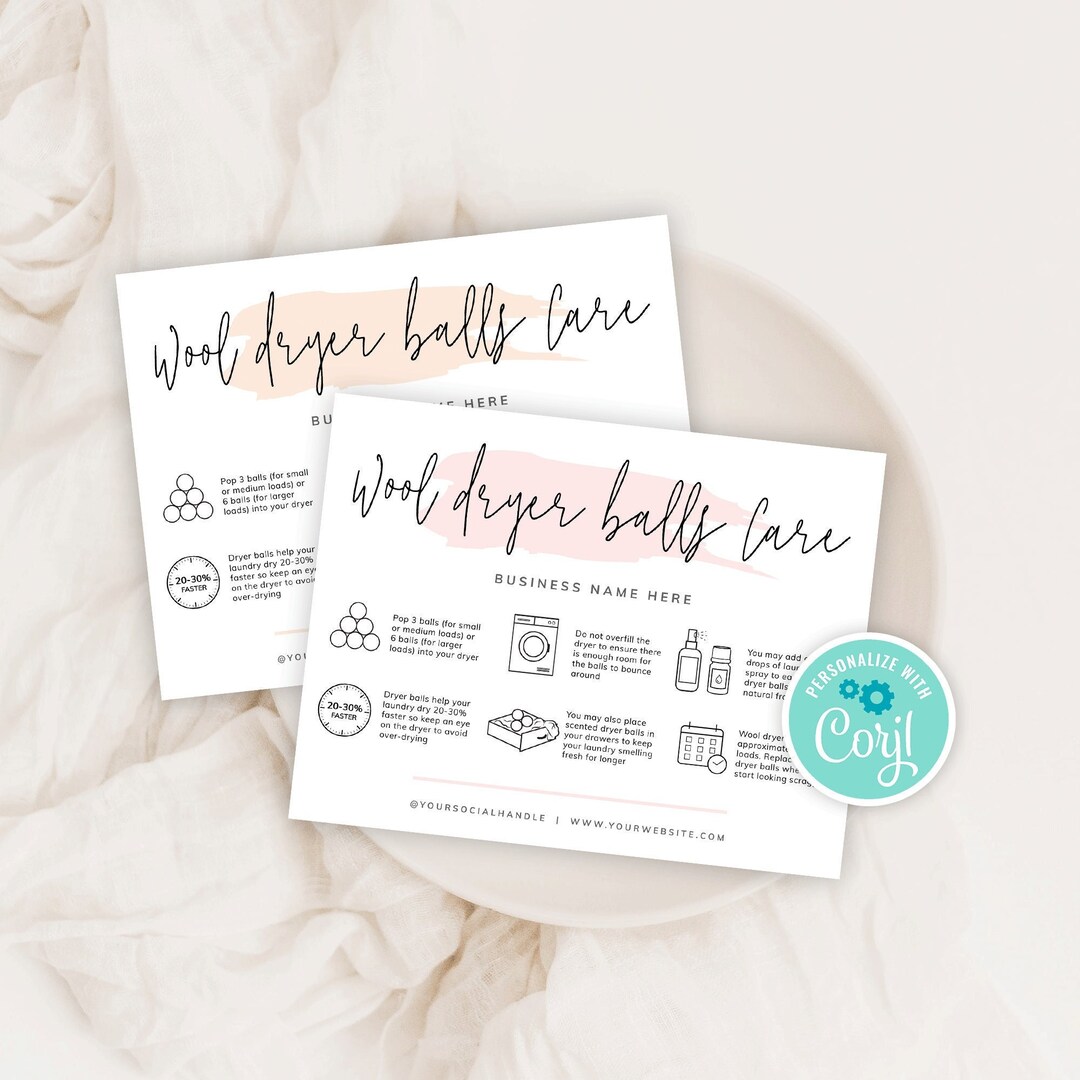 Wool Dryer Balls Care Card Template, Editable Laundry Balls Care Guide ...