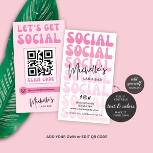 Trendy QR Code Business Card Canva Template, Retro Pink Social Media ...