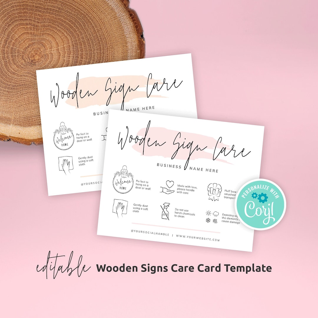 Wood Round Care Guide Template, Custom Door Hanger Care Cards ...