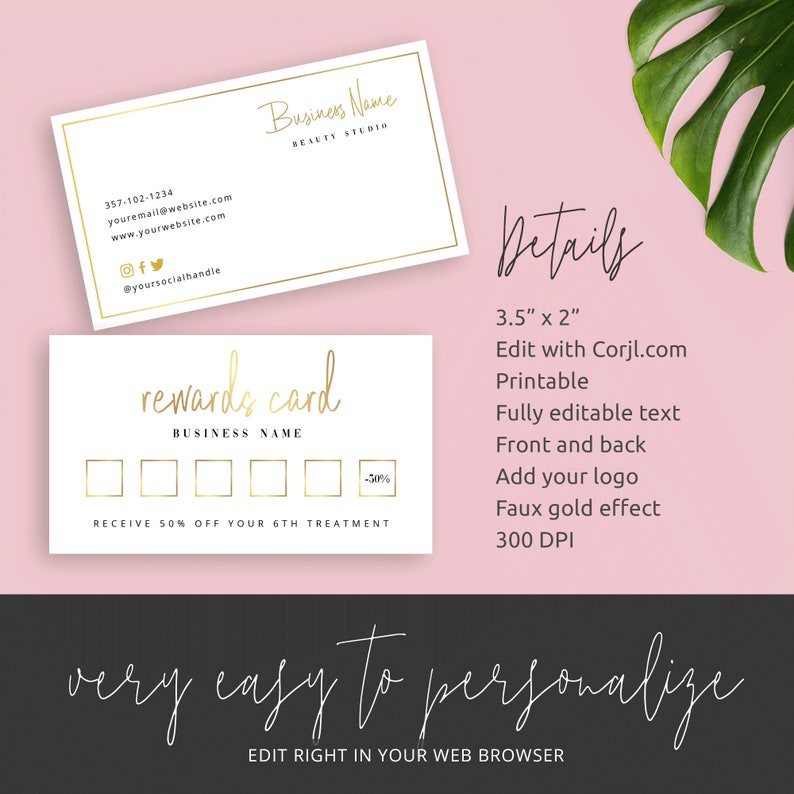 Editable Rewards Card, Beauty Salon Loyalty Card Template, Printable ...