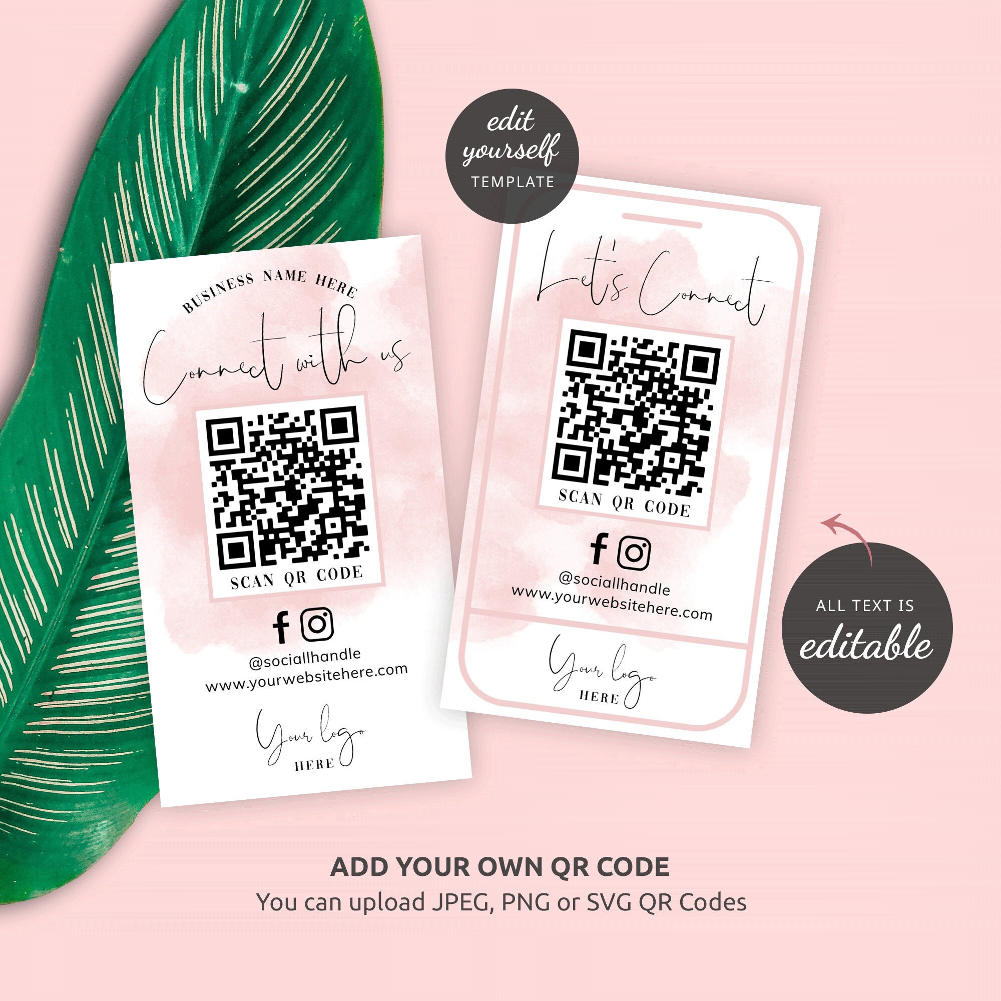 Social Media QR Code Business Cards, Feminine Connect With Us Business Cards Template, Editable ...