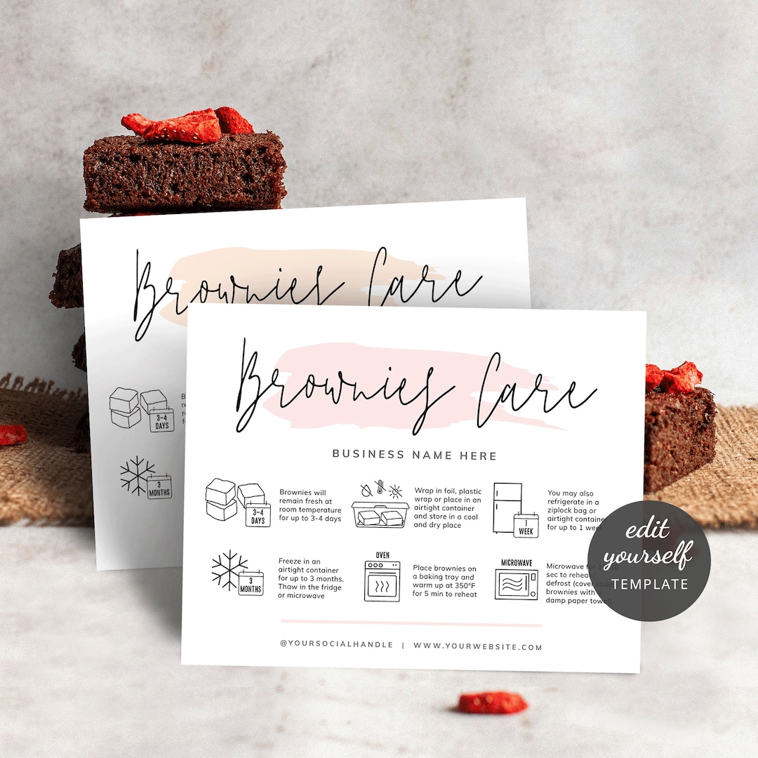 Brownies Care Card Template, Modern Brownie Storage Instructions Guide ...