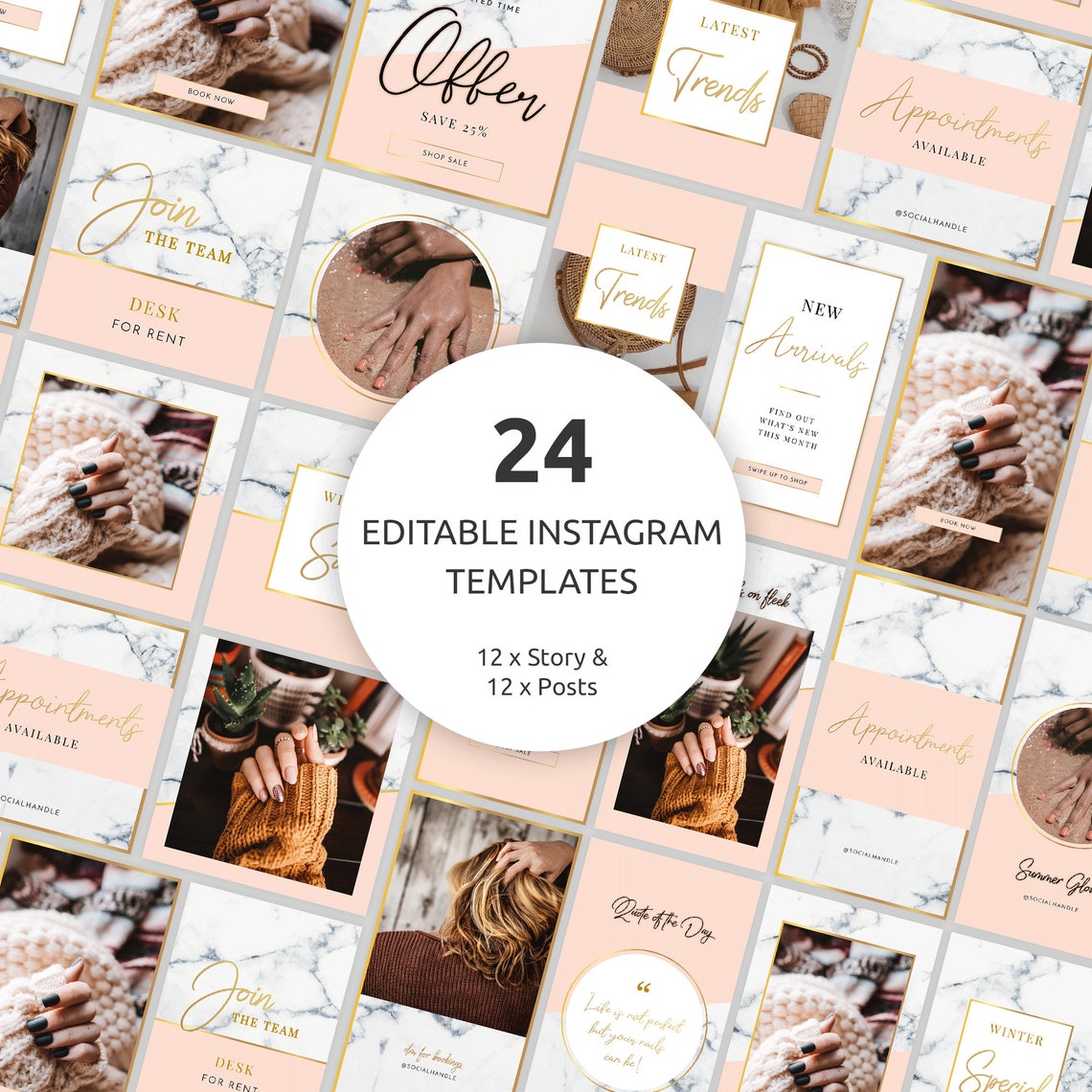 Marble & Gold Instagram Stories and Posts, Editable Instagram Templates ...