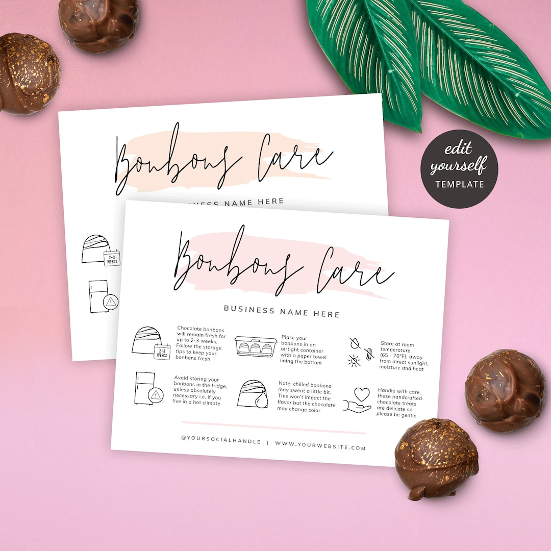 Bonbons Care Card Template, Chocolates Storage Instructions, Pink ...