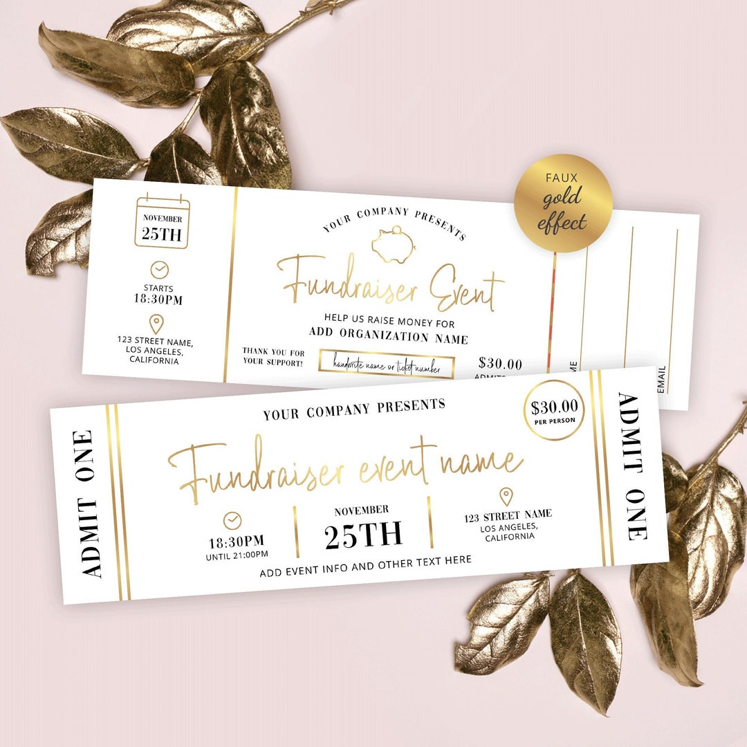Fundraiser Event Ticket Template, Faux Gold Charity Raffle Ticket With ...