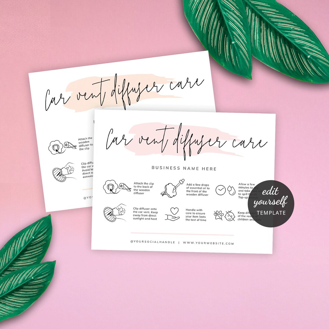 Car Vent Diffuser Care Card Template, Essential Oil Wooden Car Diffuser ...