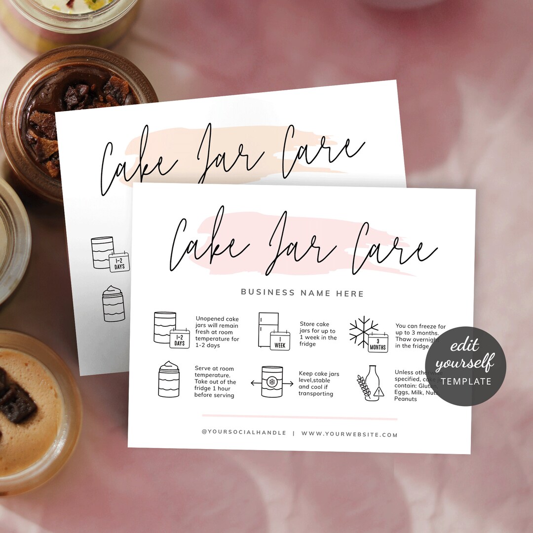 Cake Jar Care Card Template, Custom Cake in a Jar Storage Instructions ...