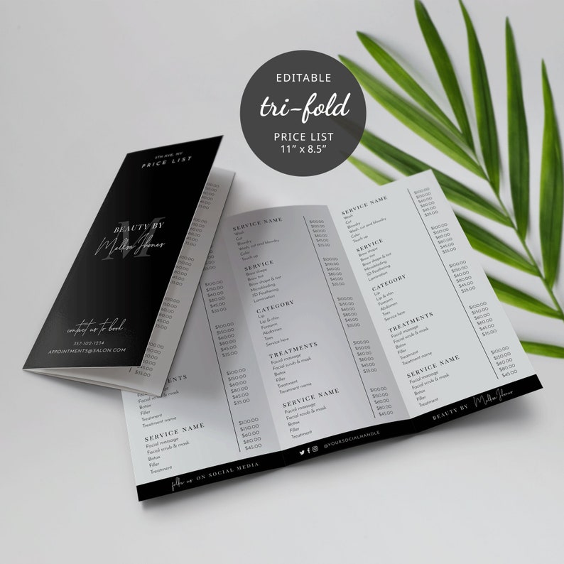 Tri-fold Price List Template Editable Business Pricing Sheet - Etsy