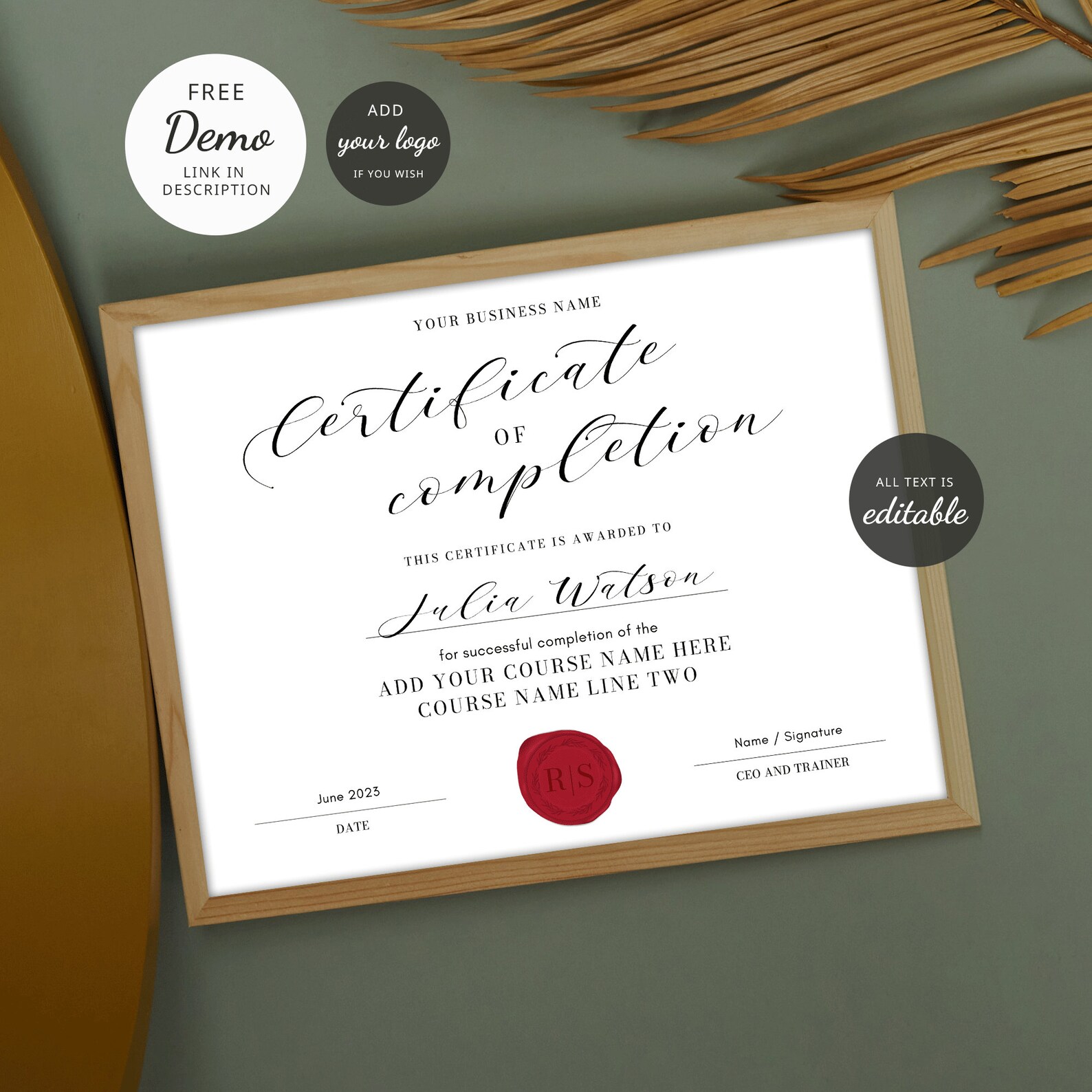 Elegant Completion Certificate Template With Calligraphy Font - Etsy