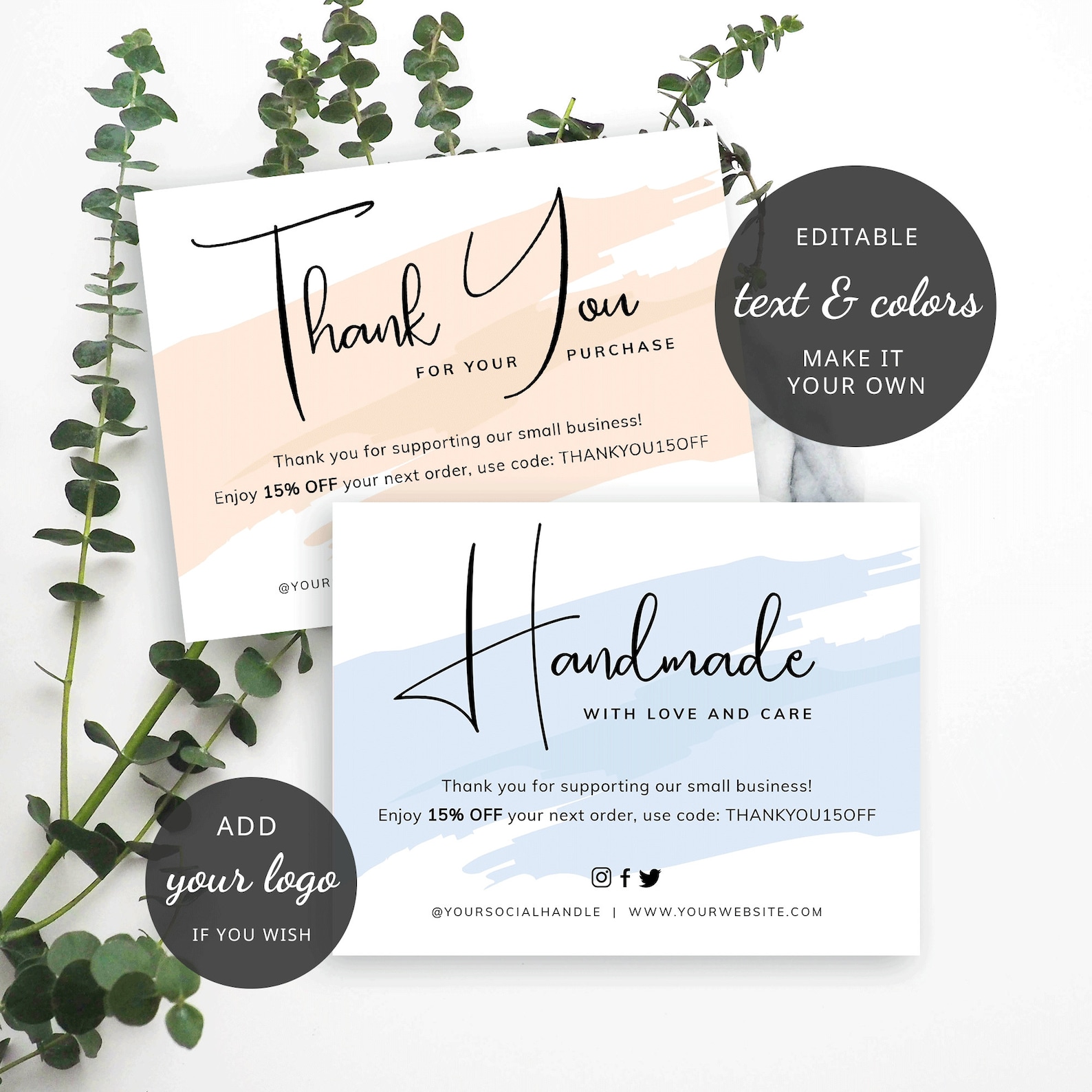 Custom Thank You Card Template, Handmade With Love Cards, Thank You for ...