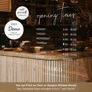 Opening Hours Sign Template, Minimalist Shop Window Decal Printable ...