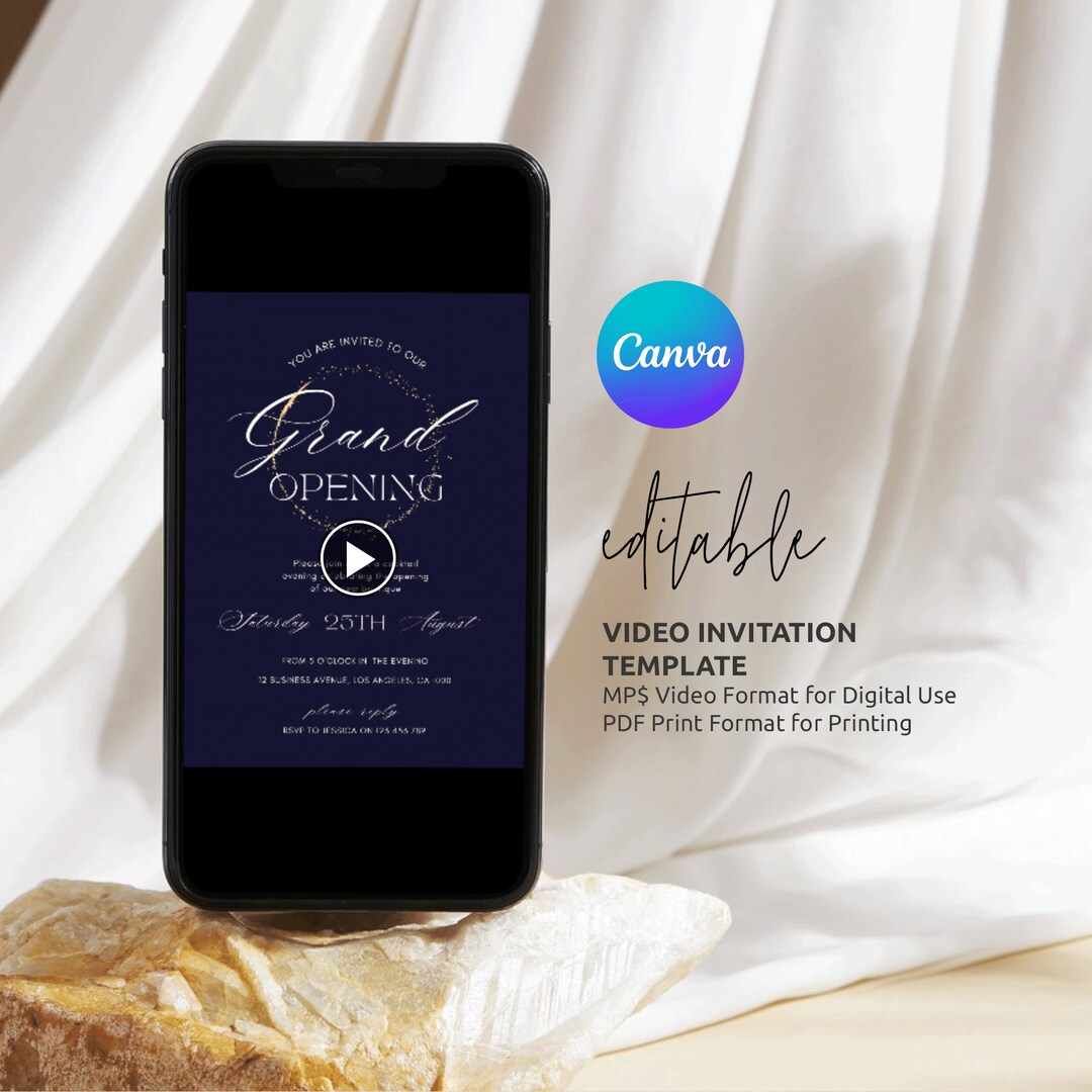 Business Grand Opening Video Invitation Canva Template, Navy & Gold ...