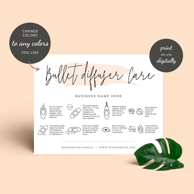 Hanging Diffuser Care Template, Custom Bullet Diffuser Care Cards ...