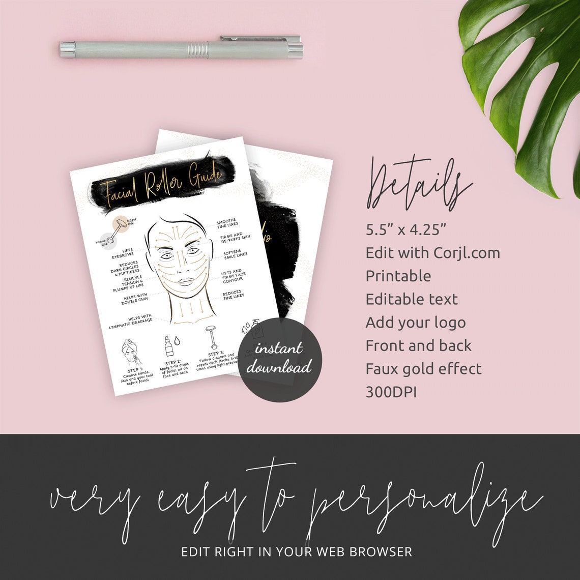Facial Roller Guide Template Quartz Roller Instructions Card | Etsy