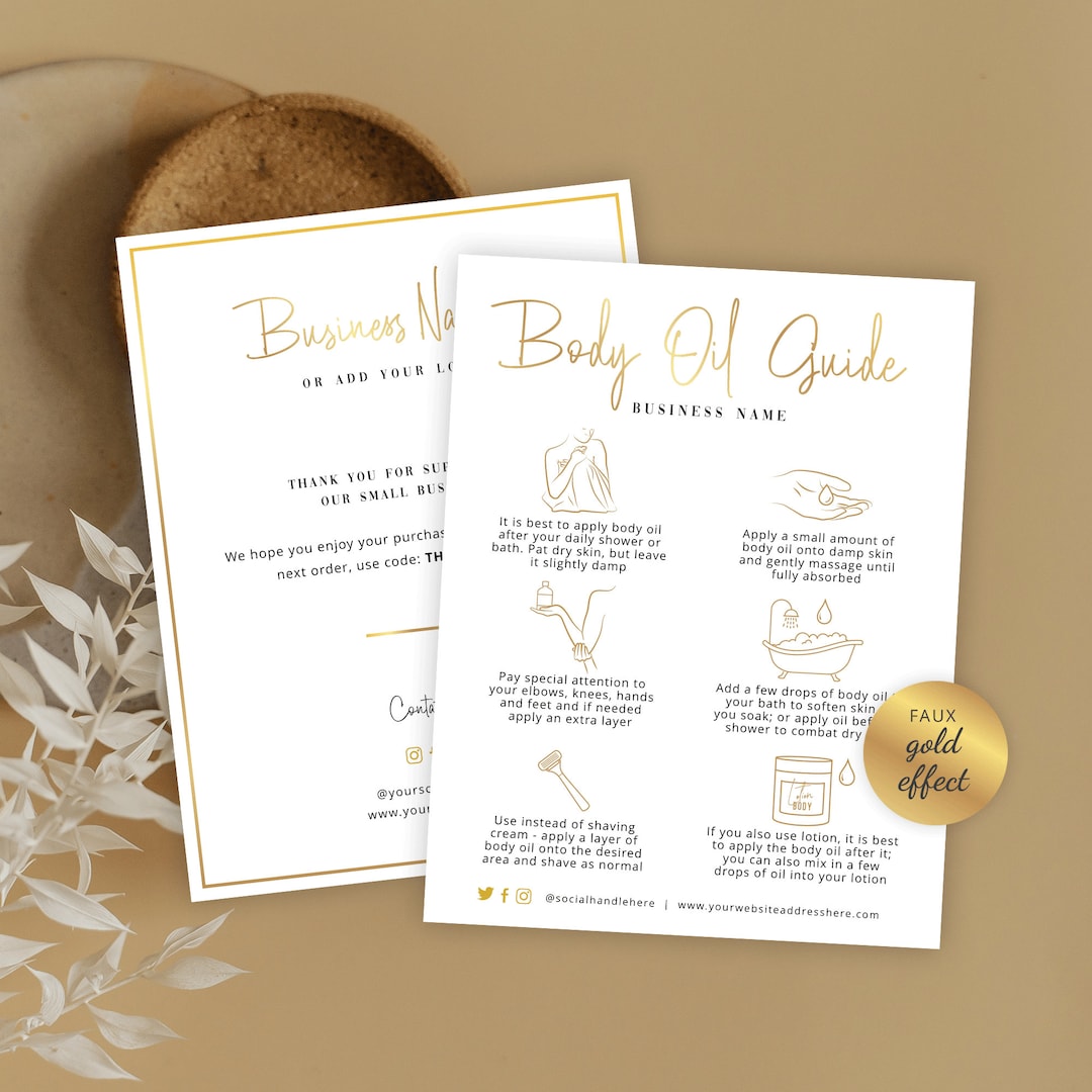 Custom Body Oil Guide Template, Faux Gold Effect, Body Serum Care ...