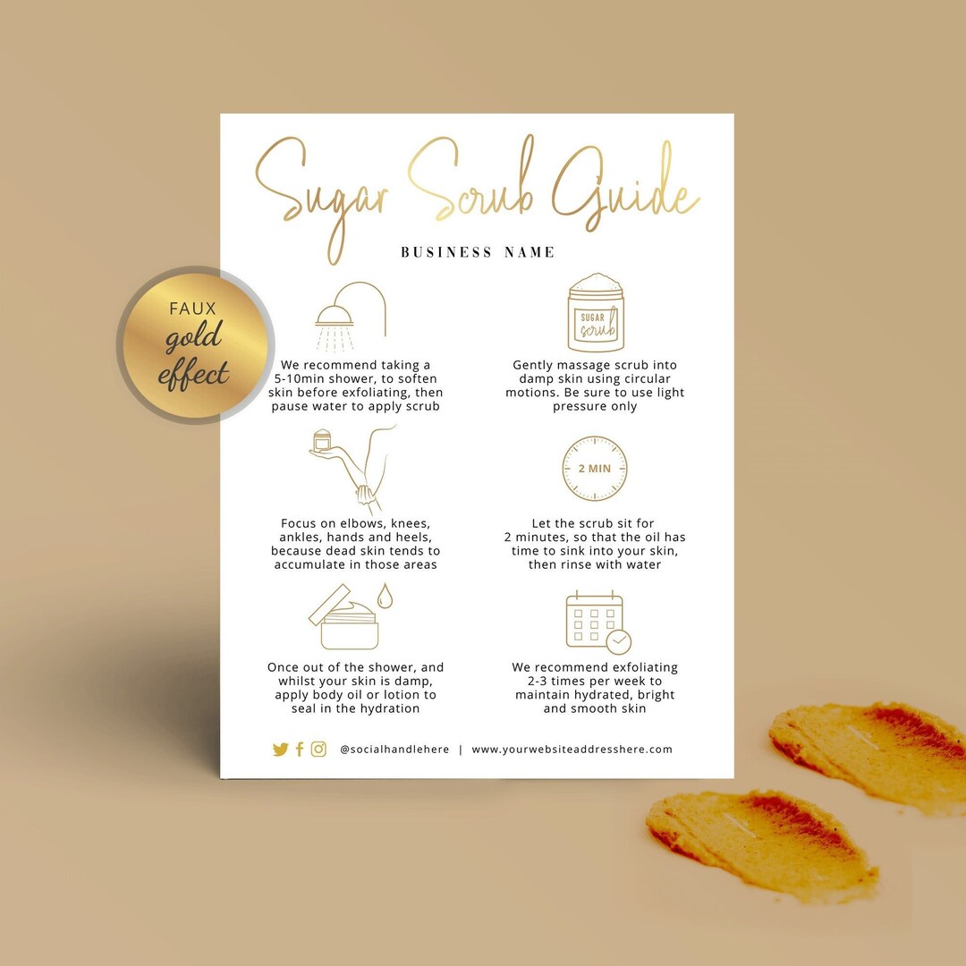 Custom Sugar Scrub Guide Template, Faux Gold Body Exfoliator Care Card, Printable Skin Polisher ...