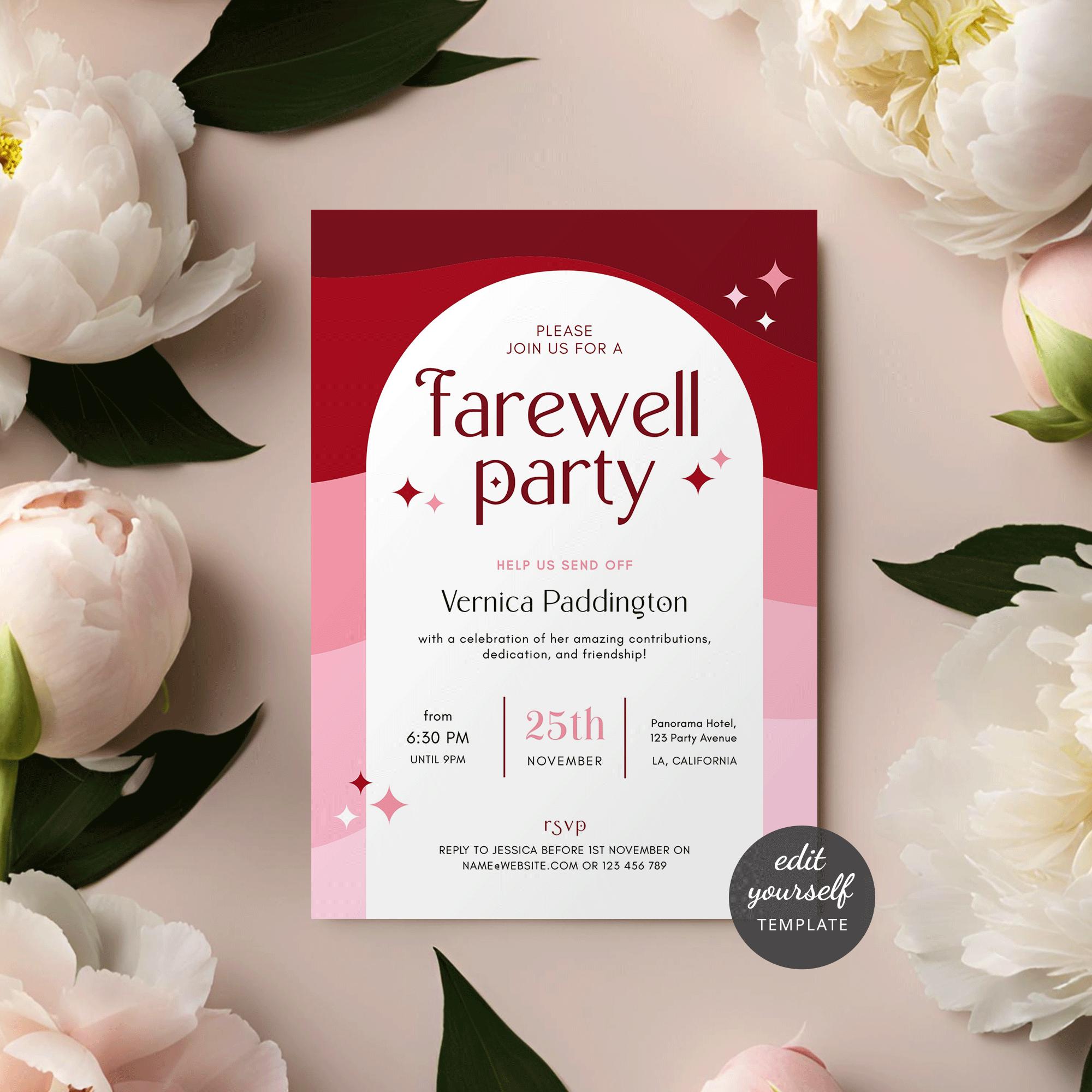 Retirement Party Invitation Template, Feminine Farewell Dinner Invite ...