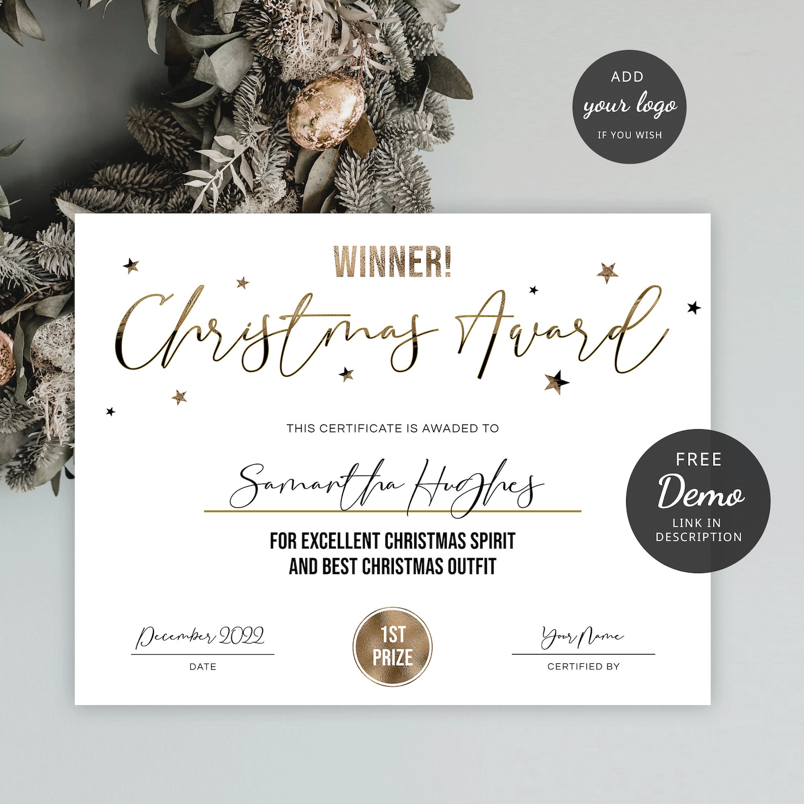 Christmas Certificate Template, Festive Participation Award, Editable ...