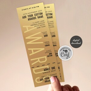 Gold Event Ticket Template, Elegant Awards Ceremony Entry Pass 8.5x2.75 ...