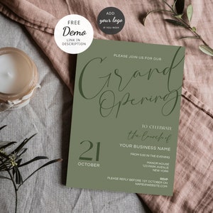 Sage Green Business Opening Invitation Template, DIY Company Launch ...