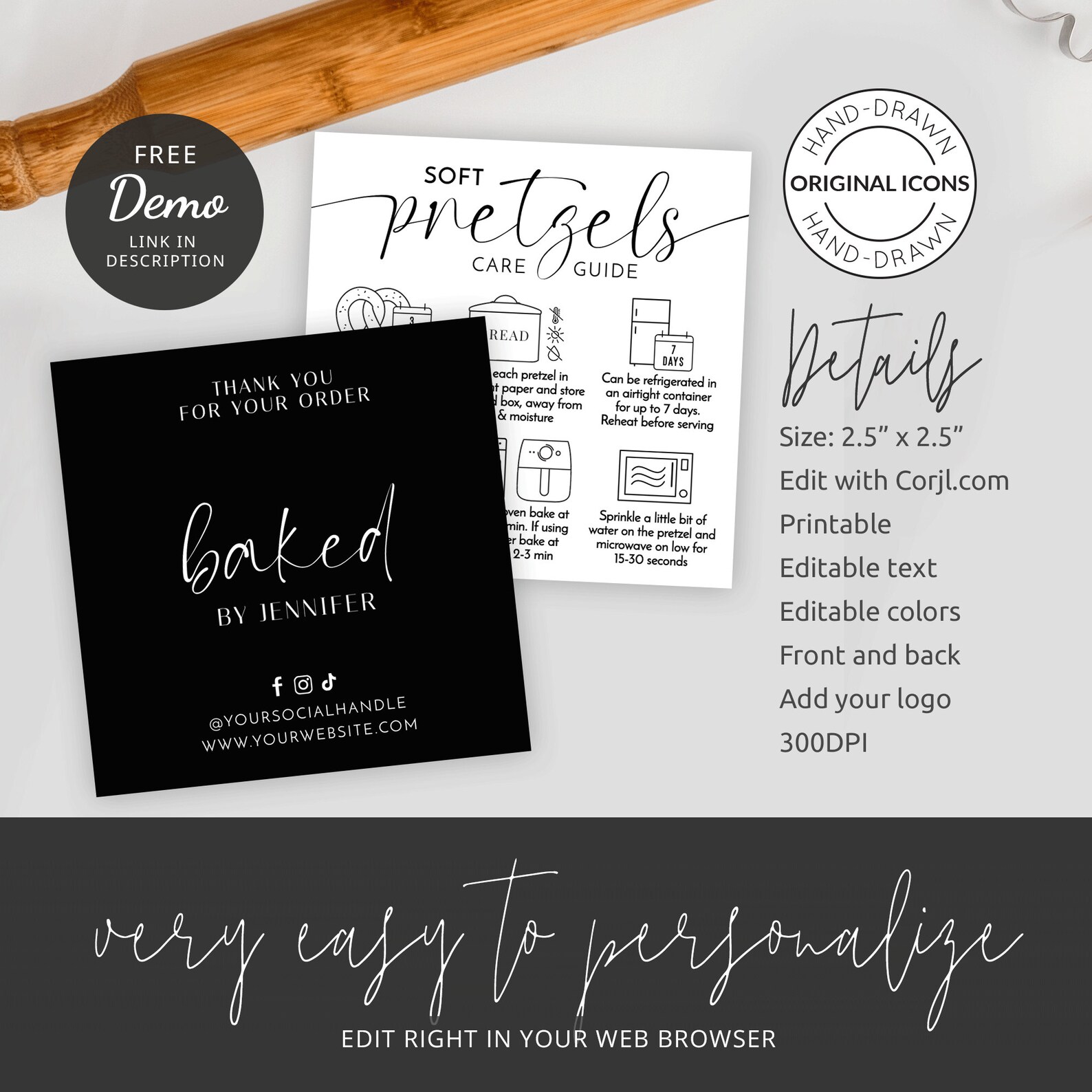Minimal Pretzels Care Card Template, Custom Sourdough Soft Pretzel ...