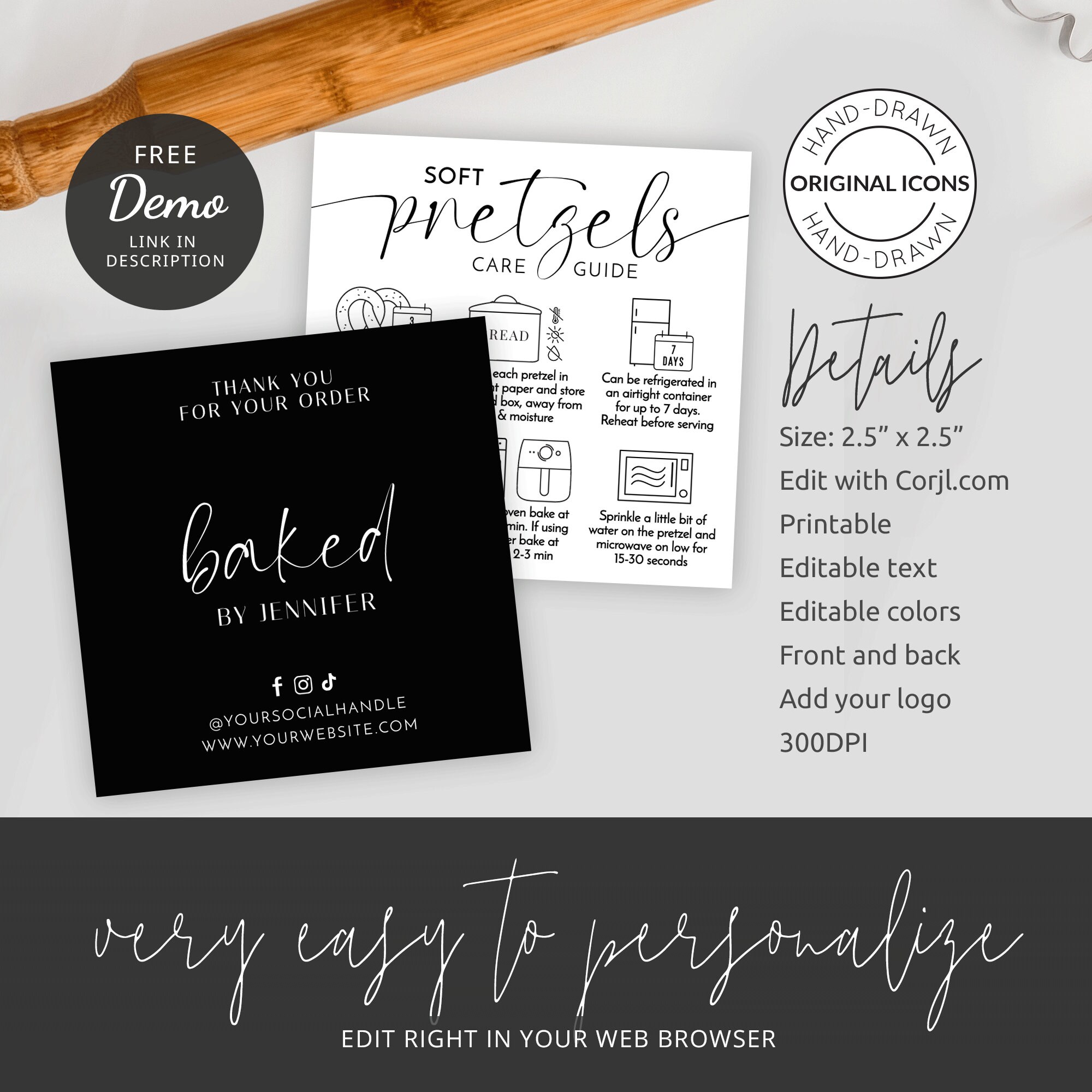 Minimal Pretzels Care Card Template, Custom Sourdough Soft Pretzel ...