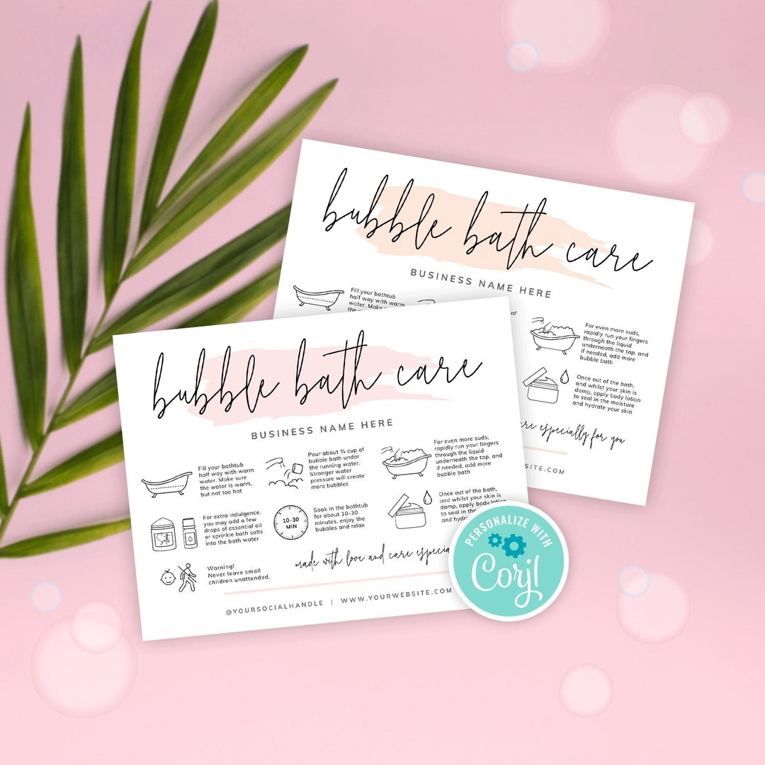 Bubble Bath Care Guide Template, Custom Bath Foam Care Cards, Printable ...