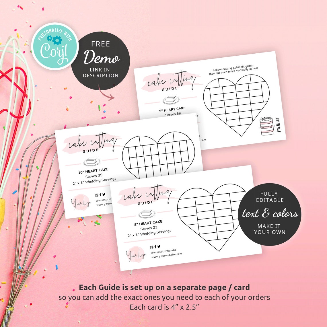 Heart Cake Cutting Guides Template, Custom Cake Serving Instructions ...