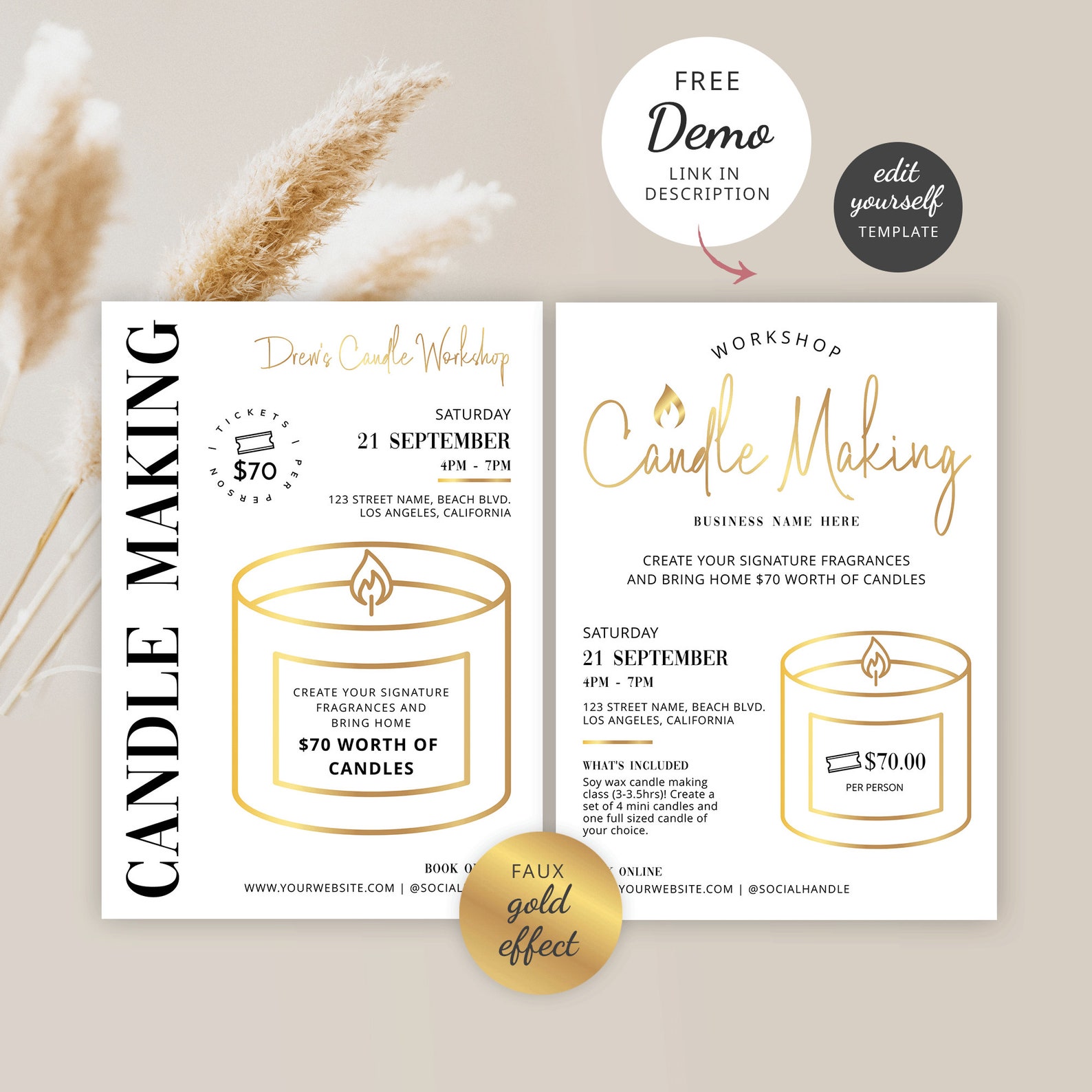 DIY Candle Class Marketing Template Faux Gold Candle Workshop - Etsy
