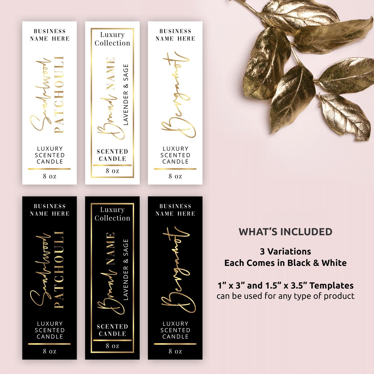 Faux Gold Vertical Jar Label Templates: Modern Candle Skinny Rectangle ...