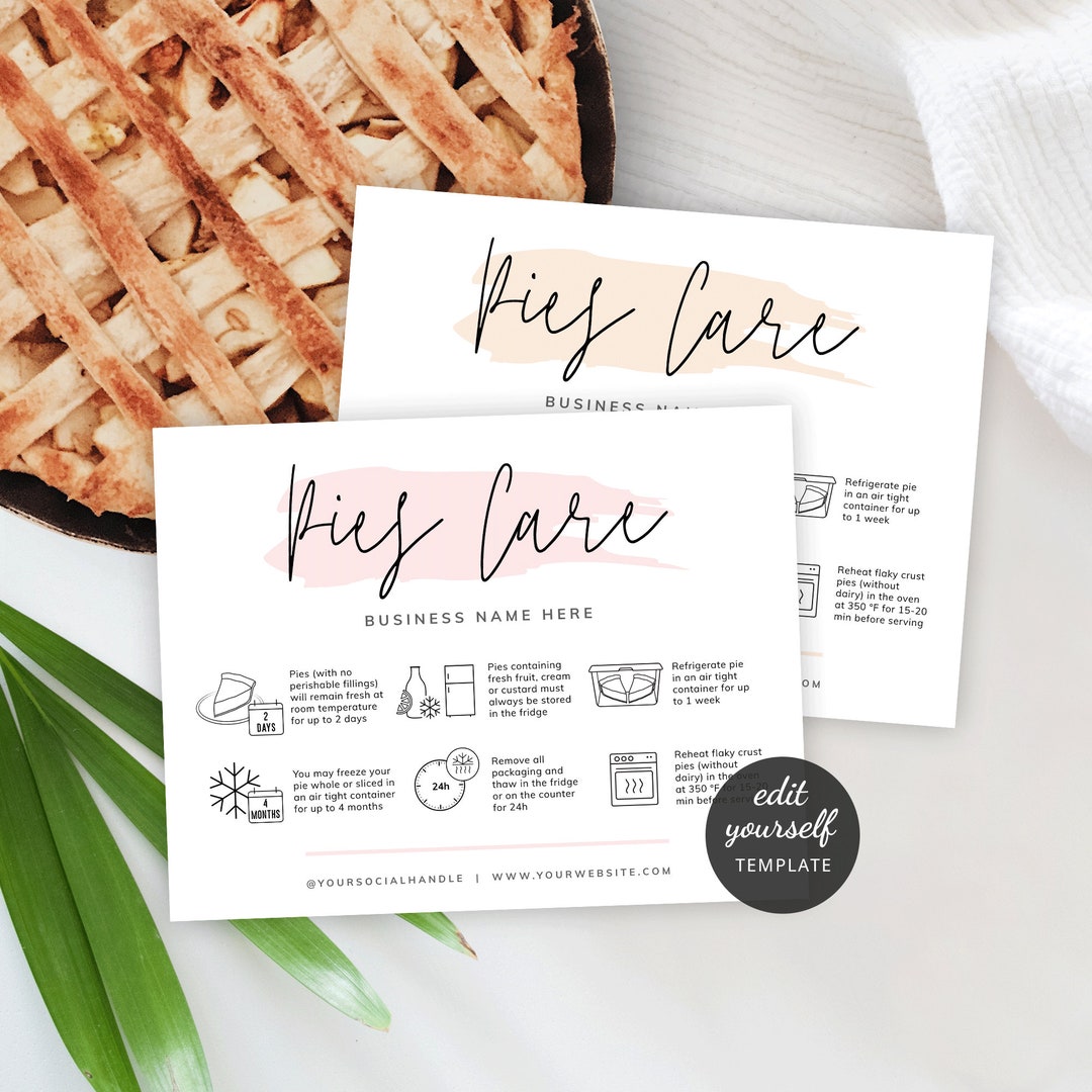Pies Care Card Template, Custom Pastry Pie Care Instructions, Pink ...
