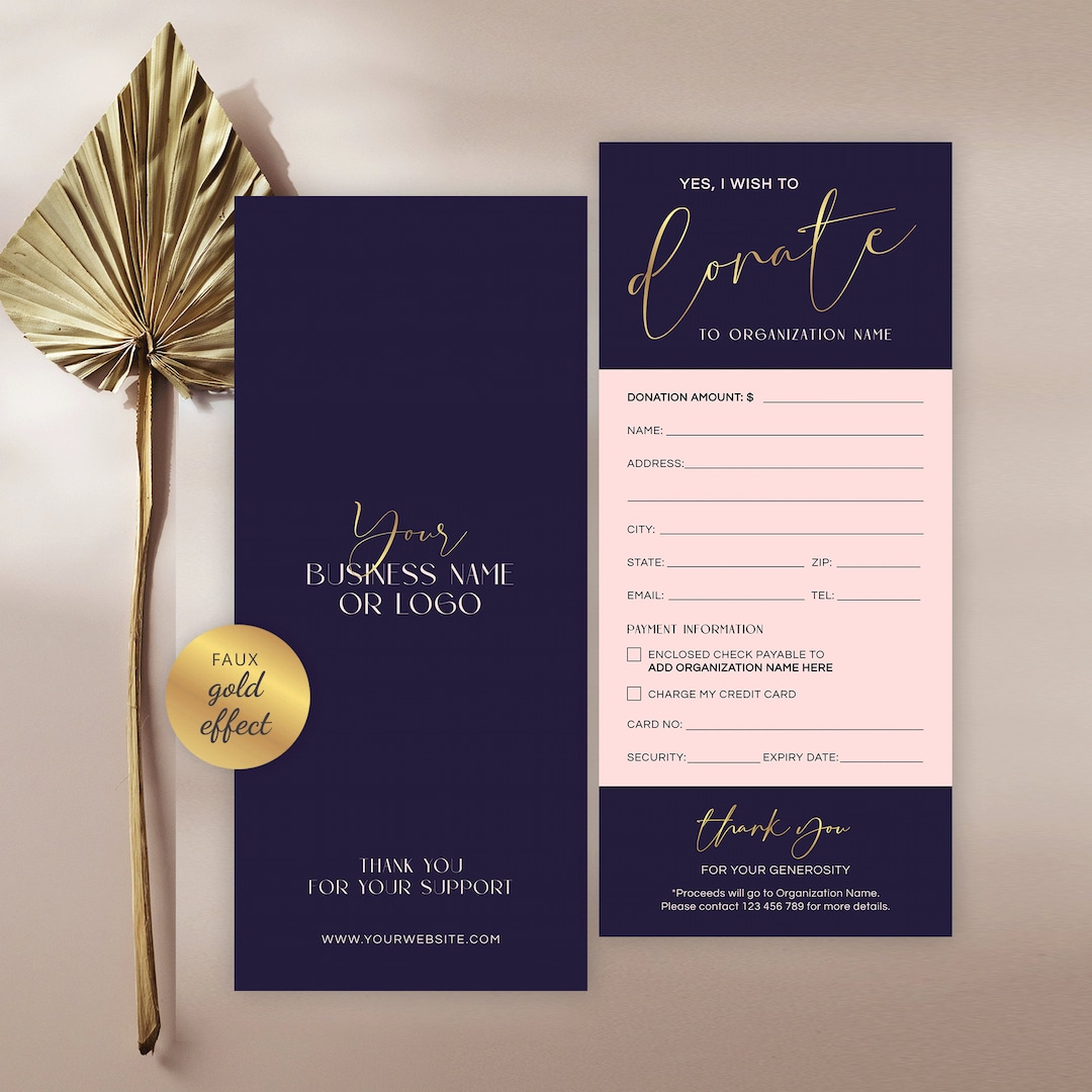 Editable Donation Card Template, Navy & Gold Fundraiser Donor Form ...