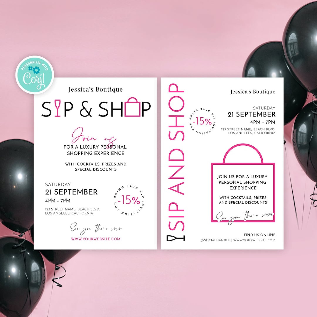 Sip and Shop Invite Template, Editable Boutique Launch Event Invitation ...