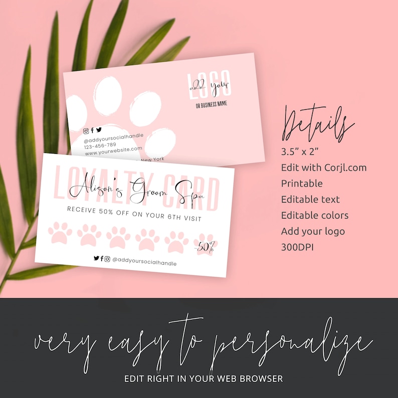 Pet Salon Loyalty Card Template, Dog Groomer Rewards Cards Blush Pink ...