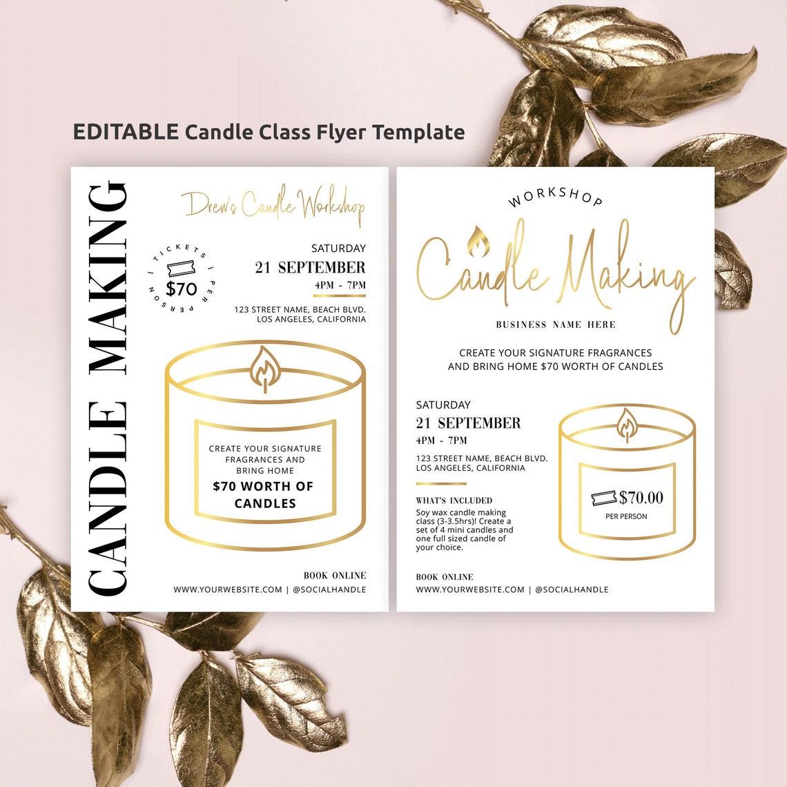 DIY Candle Class Marketing Template, Faux Gold Candle Workshop Promo ...