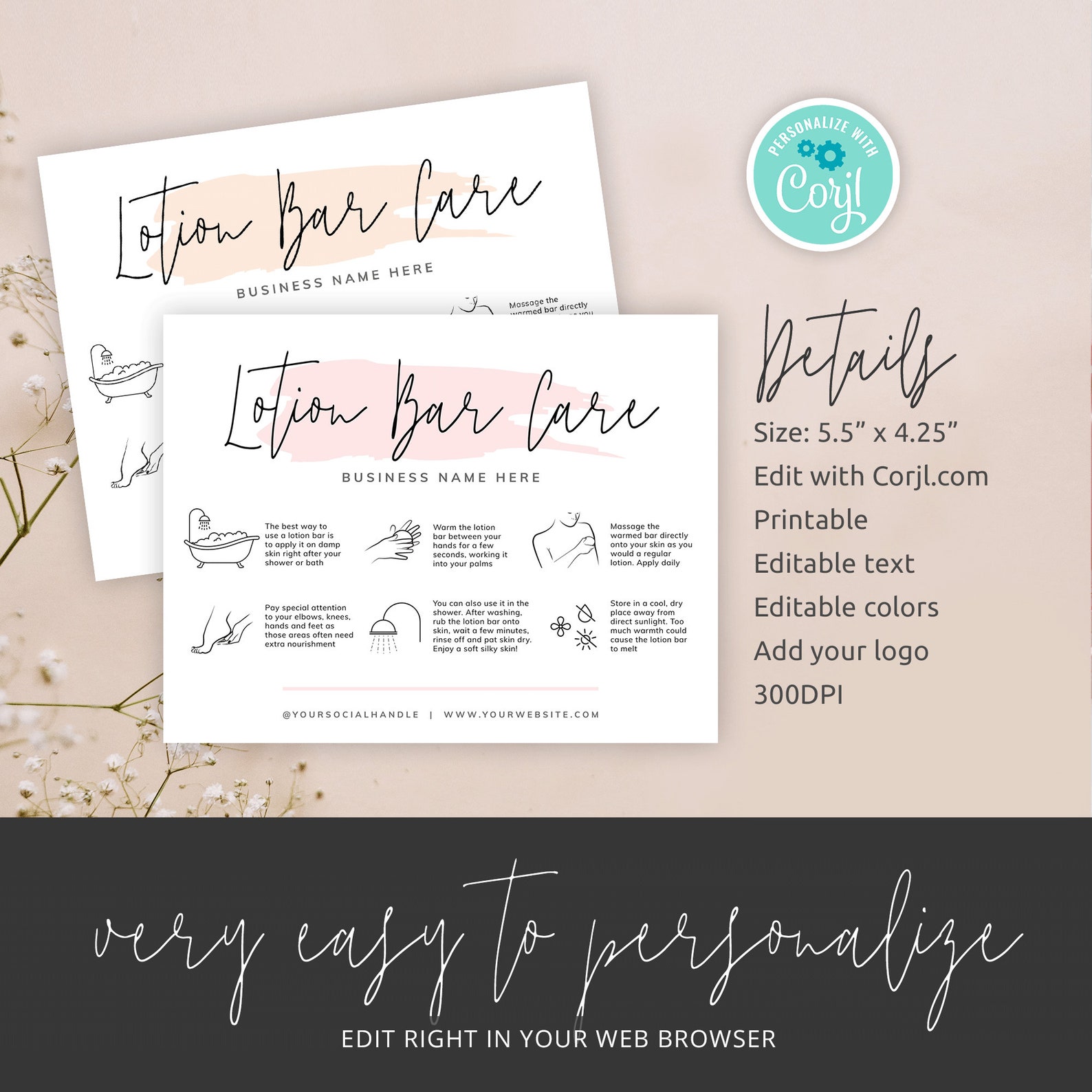 Editable Lotion Bar Care Card Template, Solid Body Butter Application ...