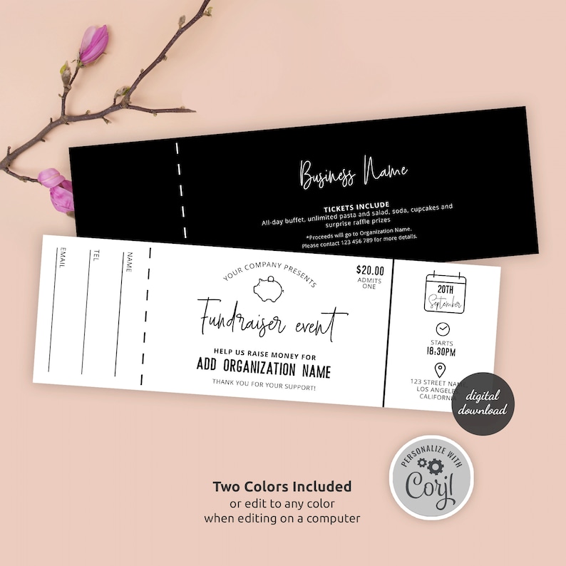 Fundraiser Event Ticket With Stub Minimalist Charity Raffle - Etsy