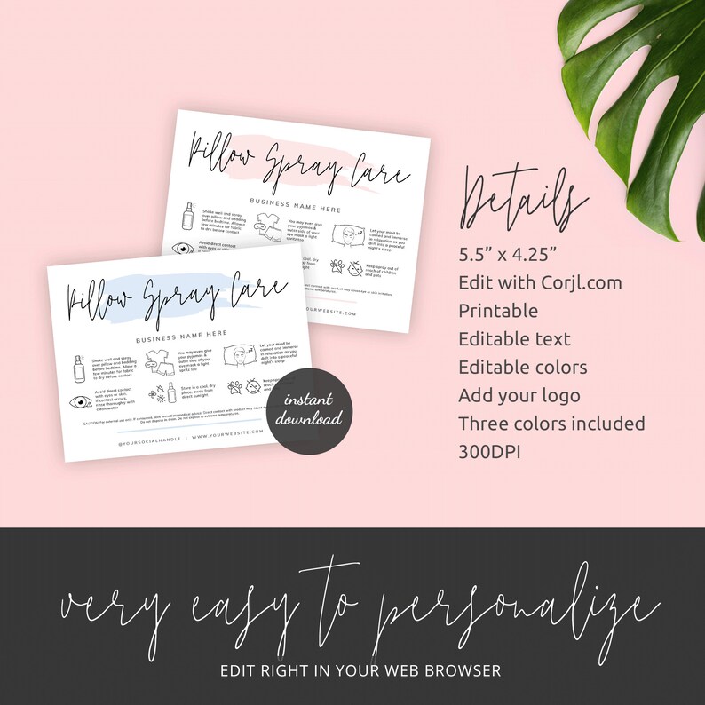 Pillow Spray Care Card Template, Editable Sleep Mist Care Guide ...