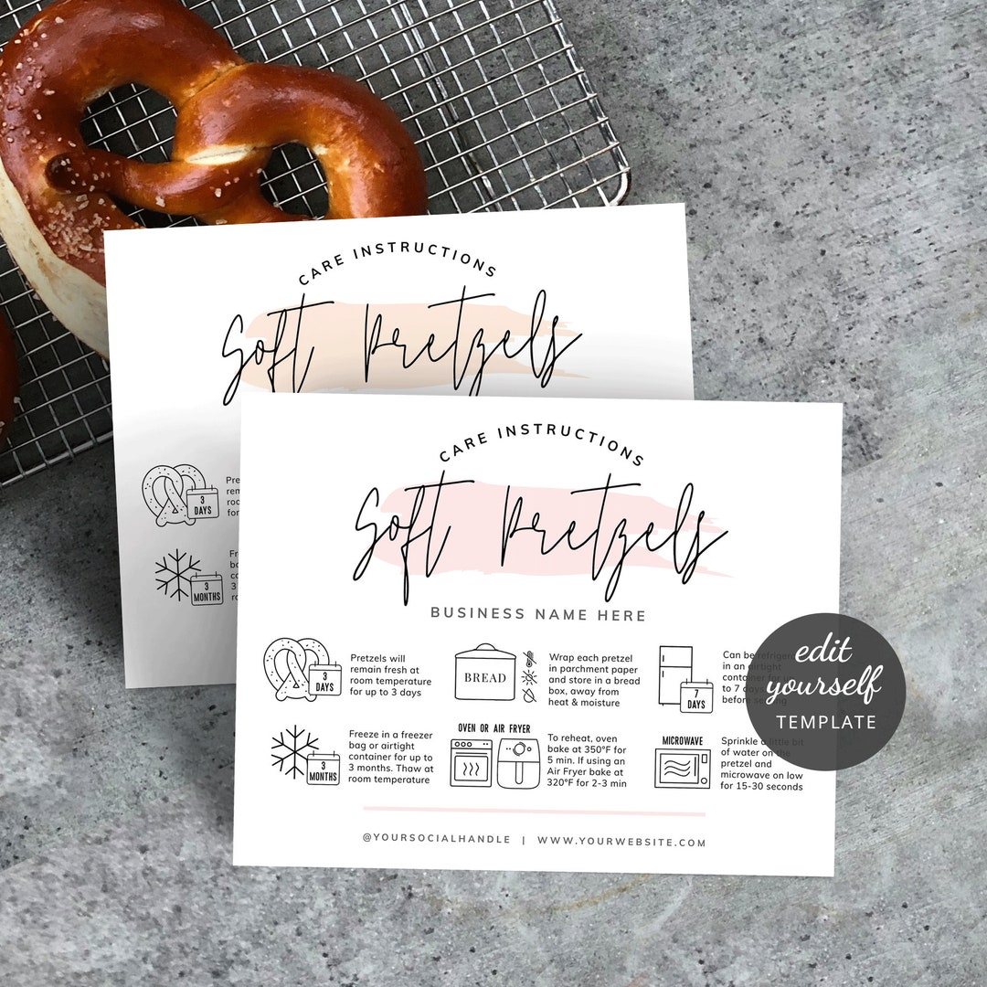 Soft Pretzels Care Card Template, Custom Sourdough Pretzel Reheating ...