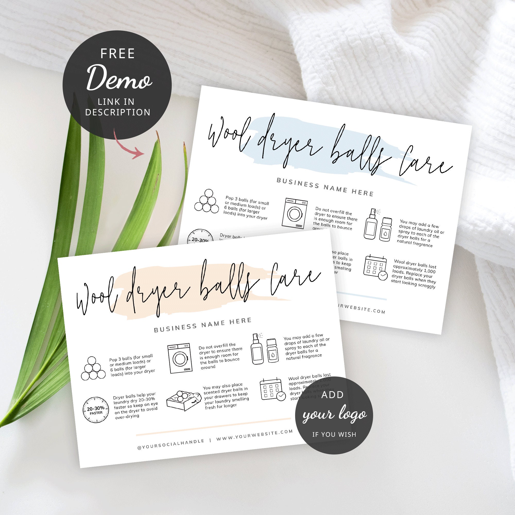 Wool Dryer Balls Care Card Template, Editable Laundry Balls Care Guide ...