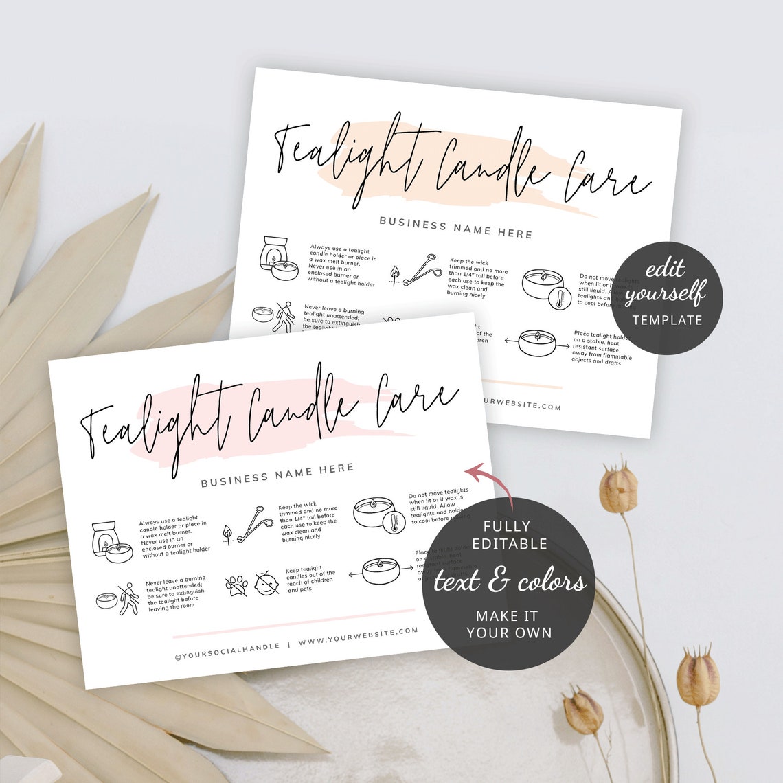 Tealight Candle Care Card, Printable Tea Lights Warning Template, Pink ...