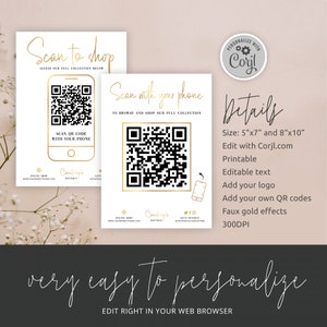 Custom QR Code Board Template, White & Gold QR Scan Sign Design, 5x7 ...
