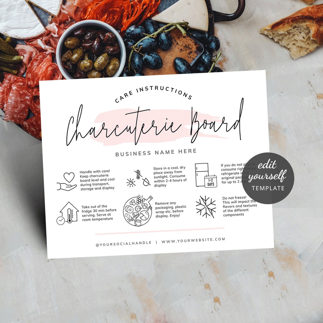 Charcuterie Board Care Card Template, Custom Grazing Platter Storage ...