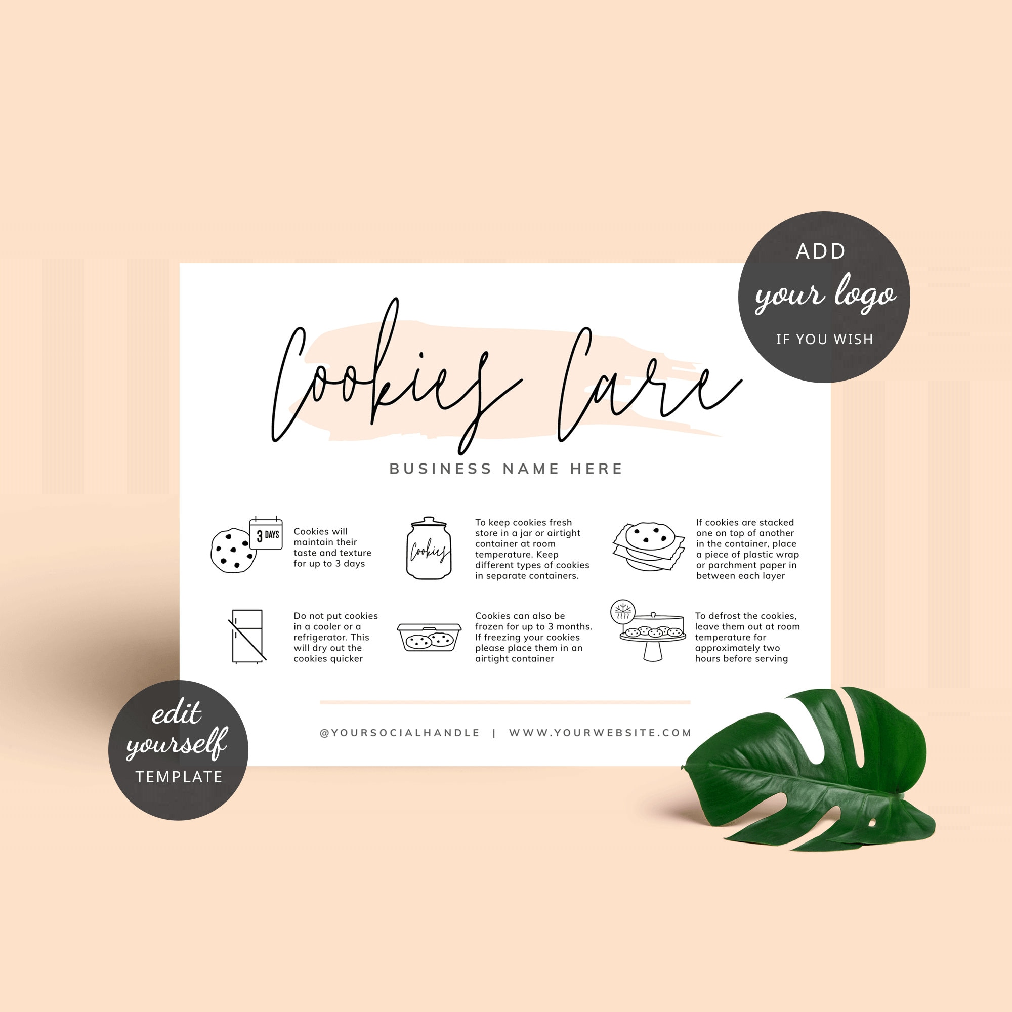 Editable Cookies Care Card, Printable Cookie Care Template, Pink ...