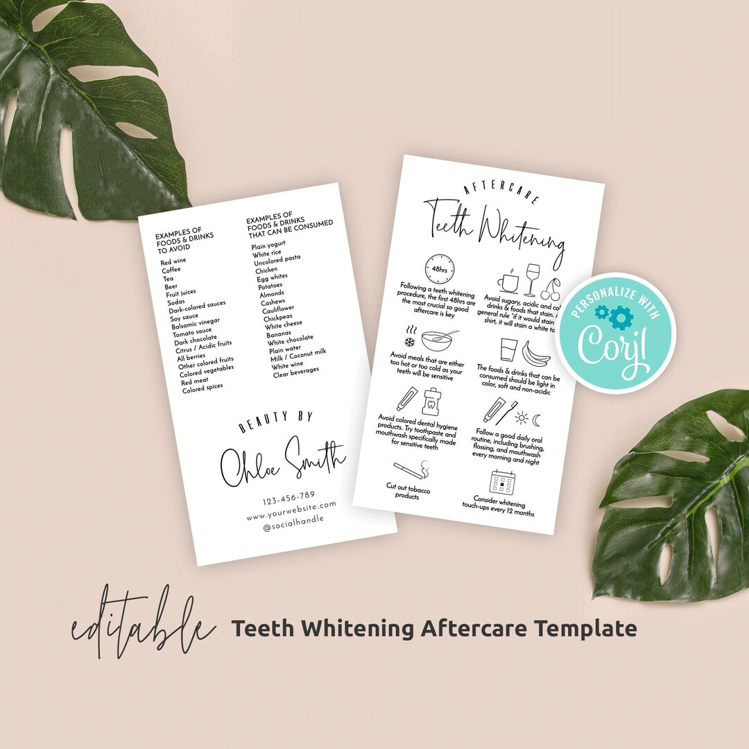 Teeth Whitening Post Care Template, Editable Teeth Whitening Care Guide ...